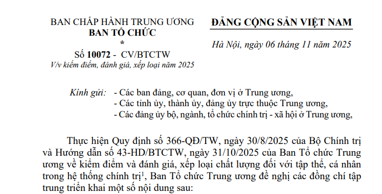 Đã có Công văn 10072-CV/BTCTW kiểm điểm đánh giá xếp loại đảng viên năm...