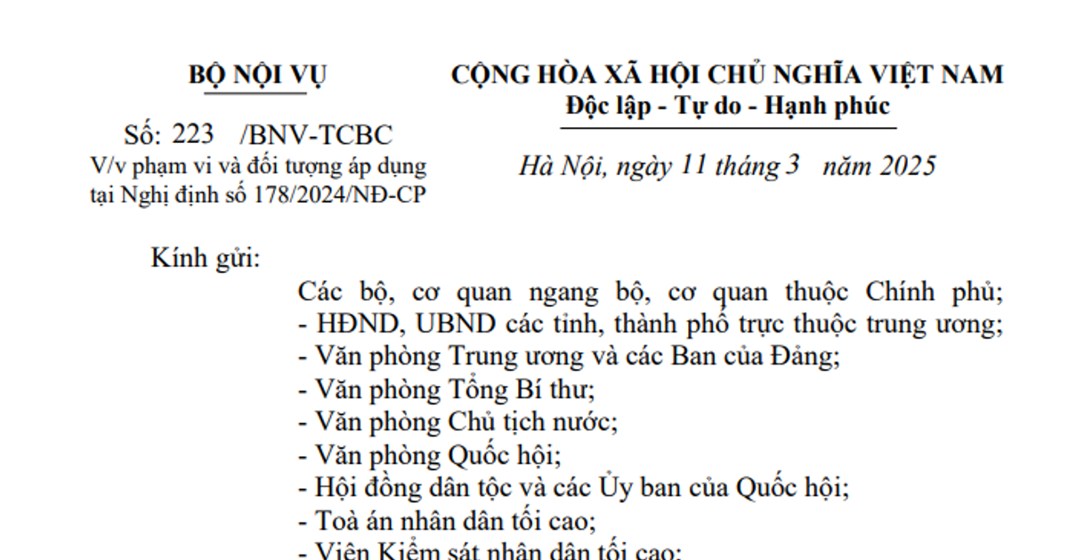 Công văn 223/BNV-TCBC về phạm vi và đối tượng áp dụng Nghị định 178/2024...